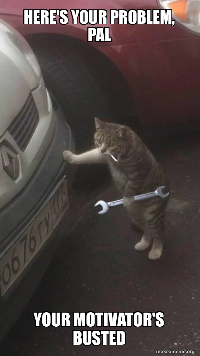 HERE'S YOUR PROBLEM, PAL YOUR MOTIVATOR'S BUSTED - Mechanic Cat Meme ...