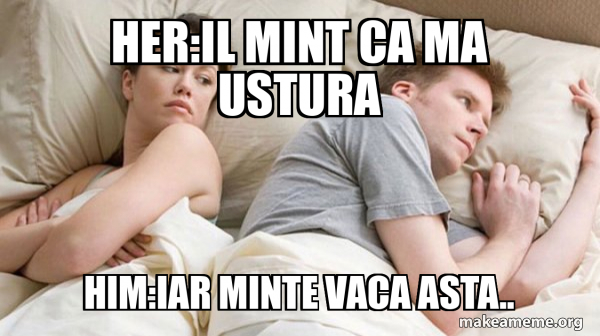 Her:Il mint ca ma ustura Him:Iar minte vaca asta.. - Couple thinking in bed Meme Generator