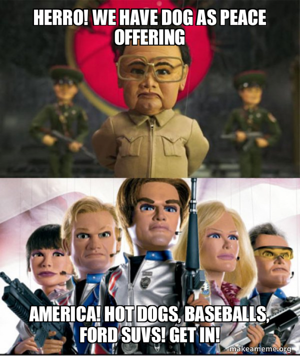 HERRO! We have dog as peace offering AMERICA! HOT DOGS, BASEBALLS, FORD ...