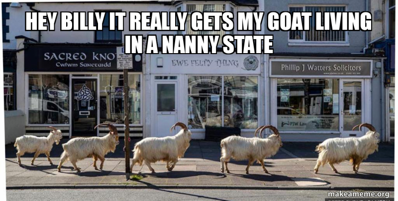 Hey billy it really gets my goat living in a nanny state Meme Generator
