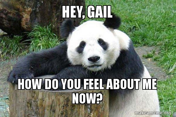Hey, Gail How do you feel about me now? - Confession Panda Meme Generator