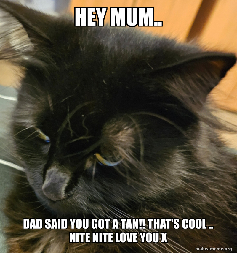 Hey mum.. Dad said you got a tan!! That's cool .. nite Nite love you x ...