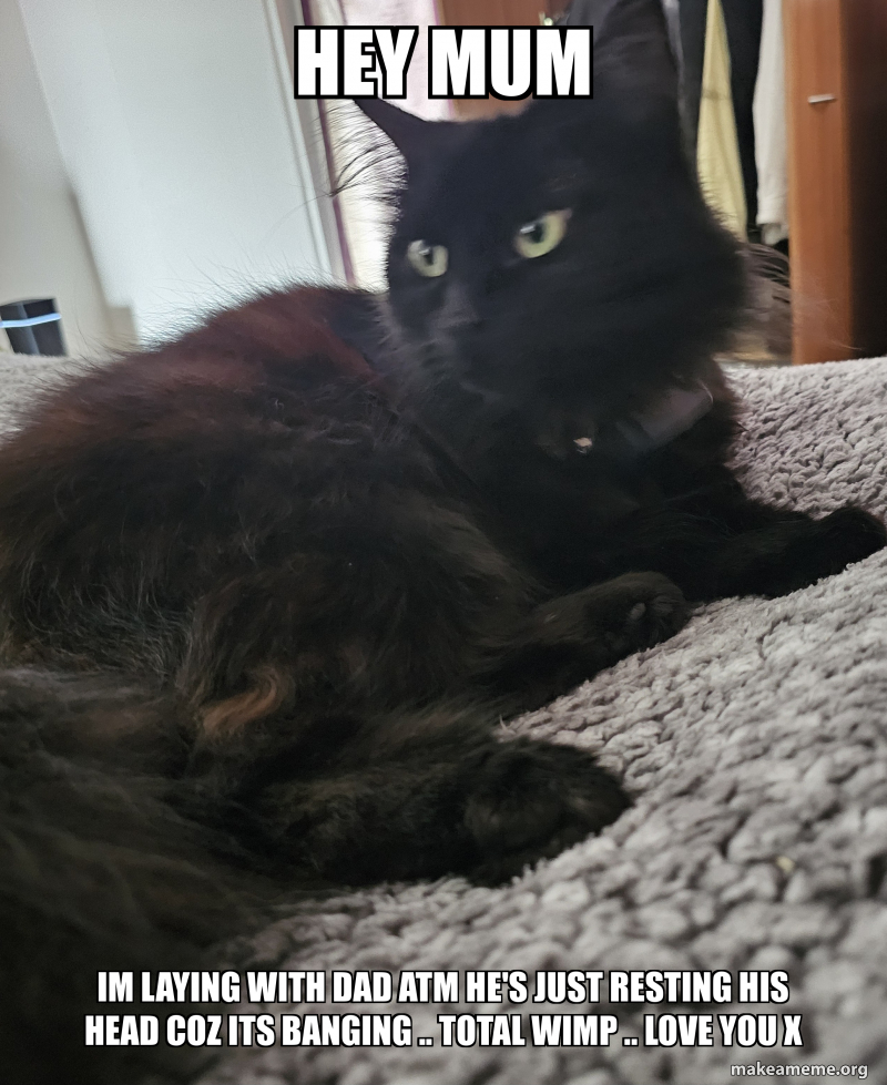 Hey mum Im laying with dad atm he's just resting his head coz its ...