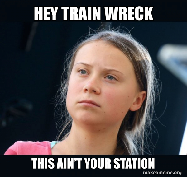 Hey train wreck This ainâ€™t your station - Greta Thunberg Meme Generator