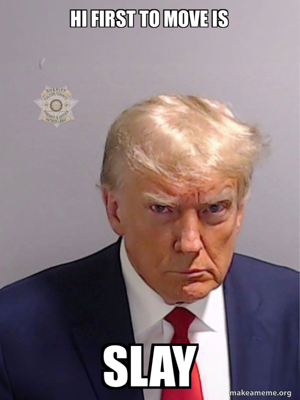 hi first to move is slay - Donald Trump Mugshot Meme Generator