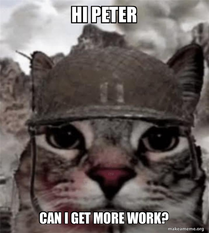 hi peter can i get more work? Meme Generator