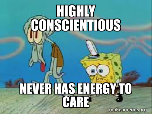 Highly Conscientious Never has energy to care Meme Generator