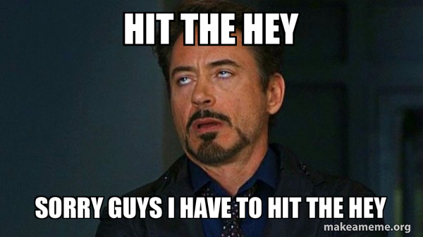 Hit the hey Sorry guys i have to hit the hey - Tony Stark Eye Roll Meme ...