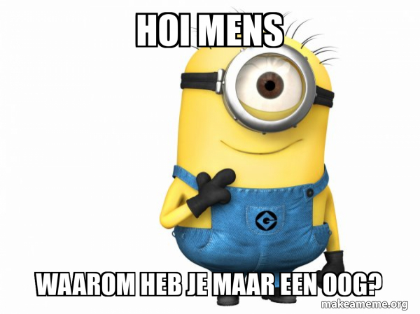 Hoi mens waarom heb je maar een oog? - Thoughtful Minion Meme Generator