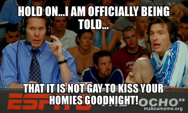 Hold on...I am officially being told... That it is NOT gay to kiss your ...