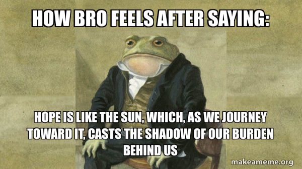 how bro feels after saying: Hope is like the sun, which, as we journey ...