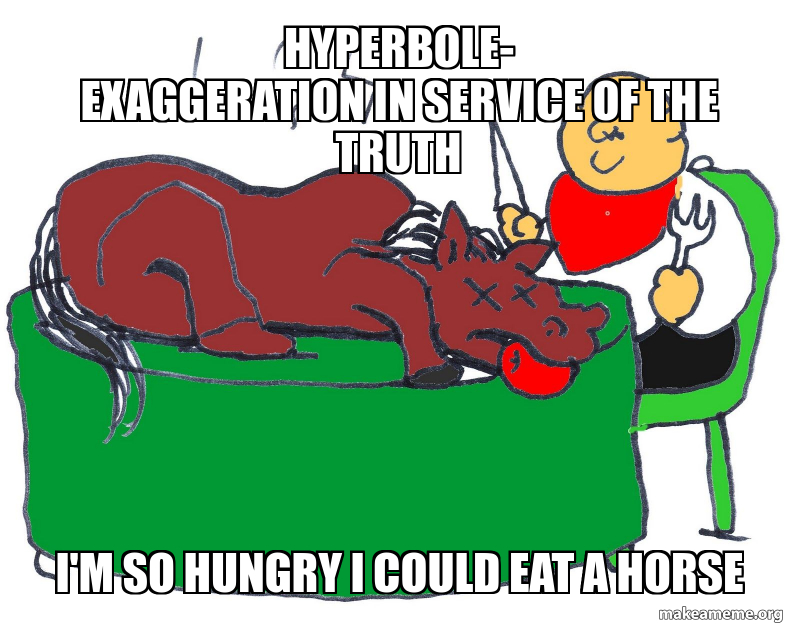 Hyperbole- exaggeration in service of the truth I'm so hungry I could ...