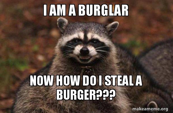 I am a burglar Now how do I steal a burger??? - Evil Plotting Raccoon ...