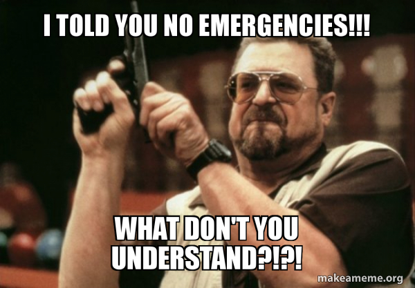I told you NO EMERGENCIES!!! What don't you understand?!?! - Am I the ...