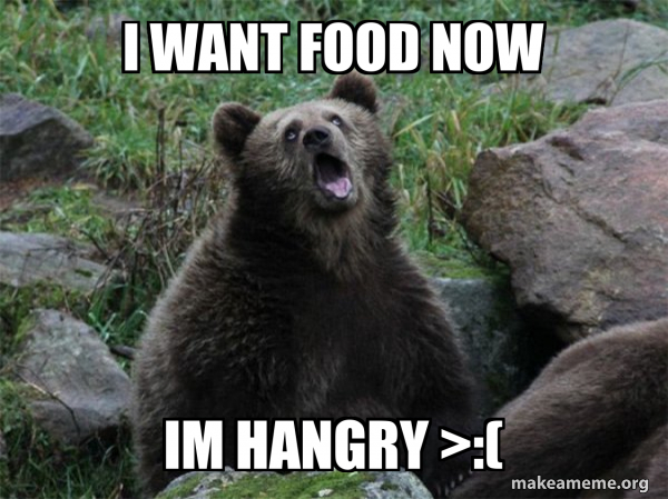 I WANT FOOD NOW IM HANGRY >:( - Sarcastic Bear Meme Generator