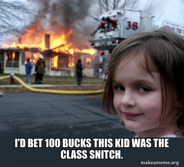 I'd bet 100 bucks this kid was the class snitch. - Disaster Girl Meme ...