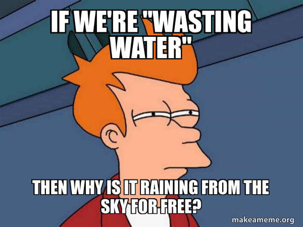 If we're "wasting water" then why is it raining from the sky for free ...