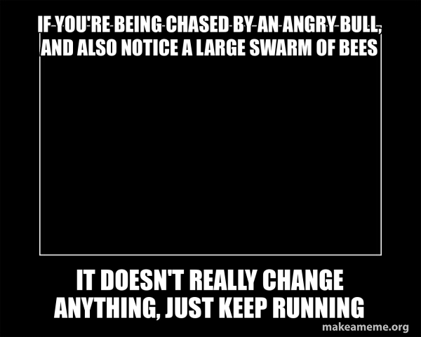 If you're being chased by an angry bull, and also notice a large swarm ...