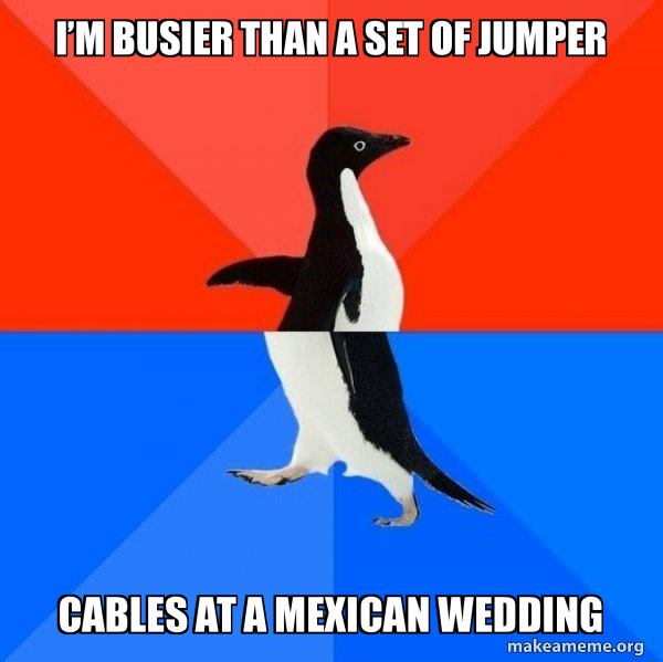 Iâ€™m busier than a set of jumper cables at a Mexican wedding ...