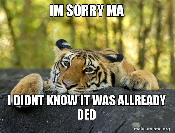 im sorry ma i didnt know it was allready ded - Confession Tiger Meme ...