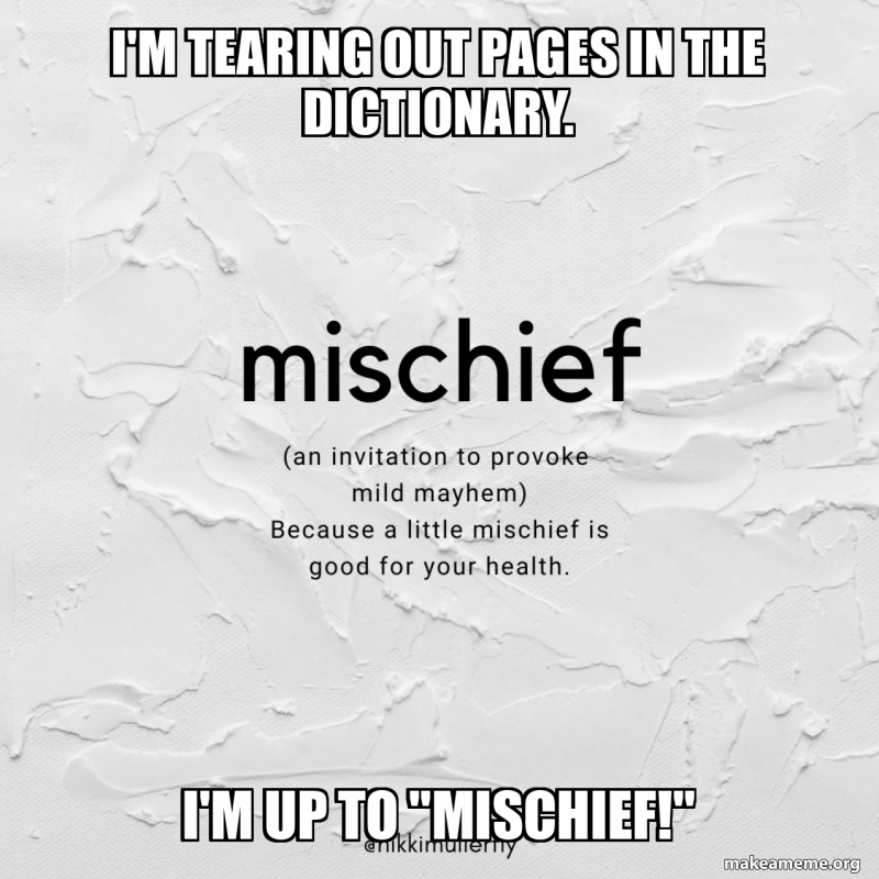 I'm tearing out pages in the dictionary. I'm up to "mischief!" Meme ...