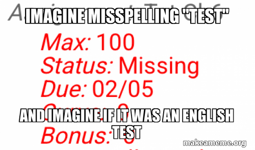 IMAGINE MISSPELLING "TEST" and imagine if it was an english test Meme ...