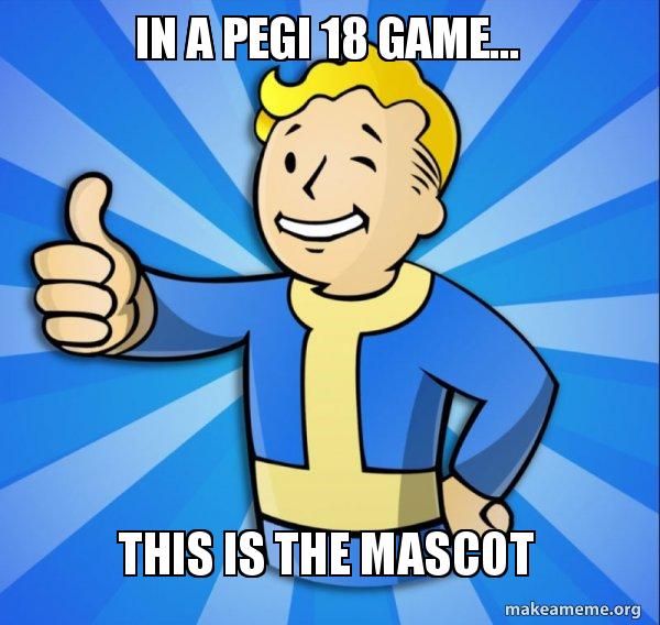 in a pegi 18 game... this is the mascot - Vault Boy Fallout 4 game Meme ...