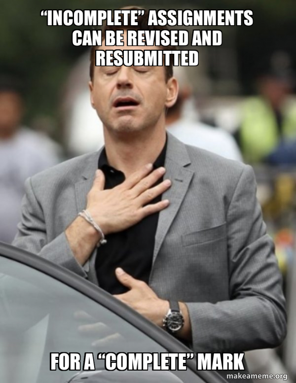“Incomplete” assignments can be revised and resubmitted for a “complete ...