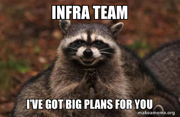 Infra team I've got big plans for you - Evil Plotting Raccoon Meme ...