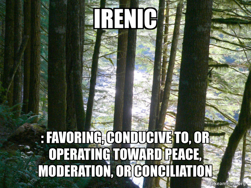 irenic : favoring, conducive to, or operating toward peace, moderation ...