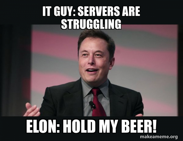 IT Guy: Servers are struggling Elon: Hold my Beer! - Elon Musk Meme ...