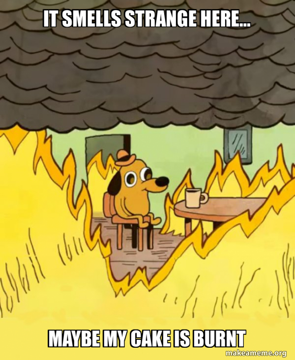 It smells strange Here… Maybe my cake is burnt - This Is Fine Meme ...