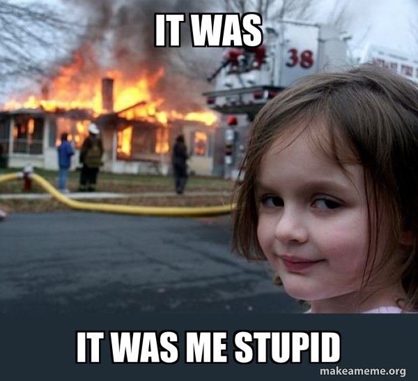 it was it was me stupid - Disaster Girl Meme Generator