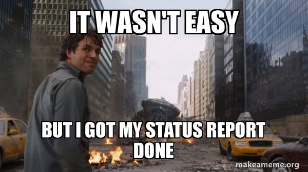 IT WASN'T EASY BUT I GOT MY STATUS REPORT DONE - That's My Secret Meme ...