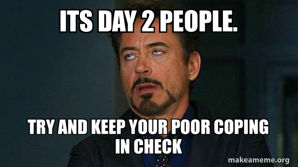 Its day 2 people. Try and keep your poor coping in check - Tony Stark ...