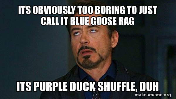 ITS OBVIOUSLY TOO BORING TO JUST CALL IT BLUE GOOSE RAG ITS PURPLE DUCK ...