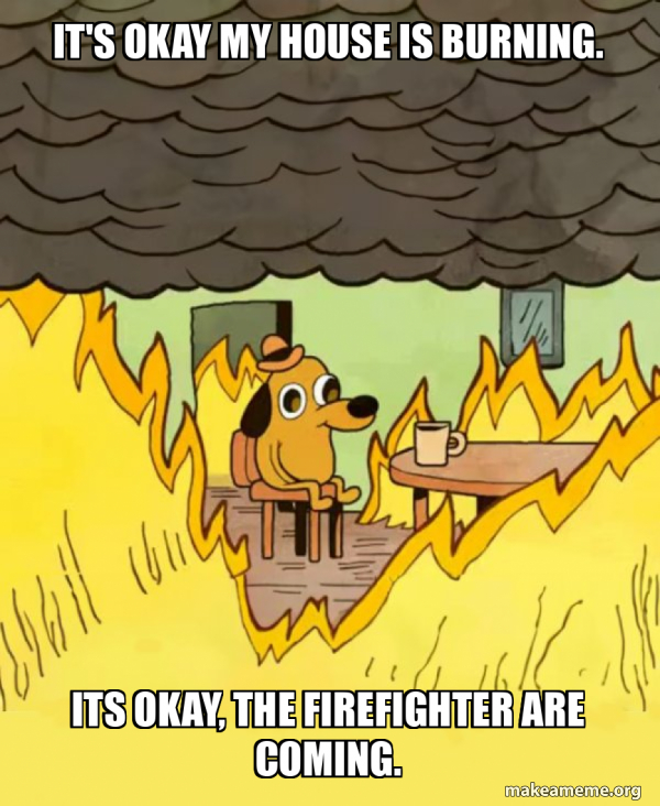 It's okay my house is burning. Its okay, the firefighter are coming ...