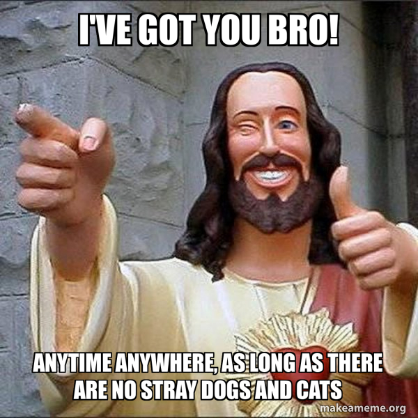 i've got you bro! anytime anywhere, as long as there are no stray dogs ...