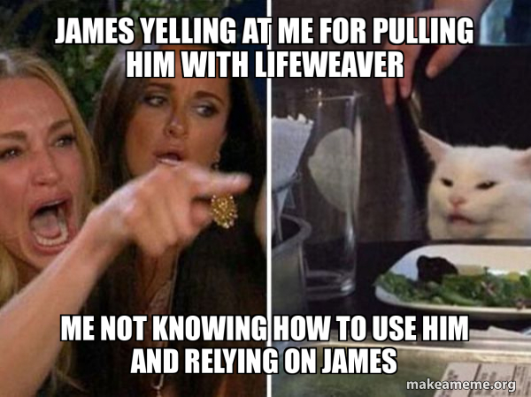 James yelling at me for pulling him with lifeweaver Me not knowing how ...