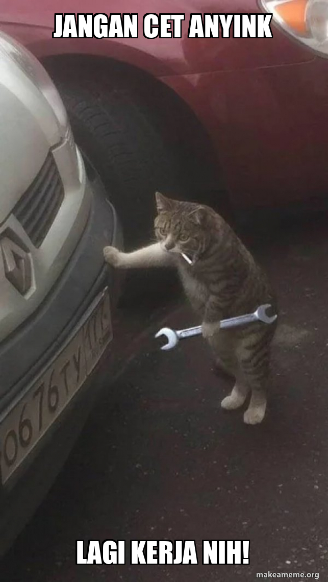Jangan cet anyink Lagi kerja nih! - Mechanic Cat Meme Generator