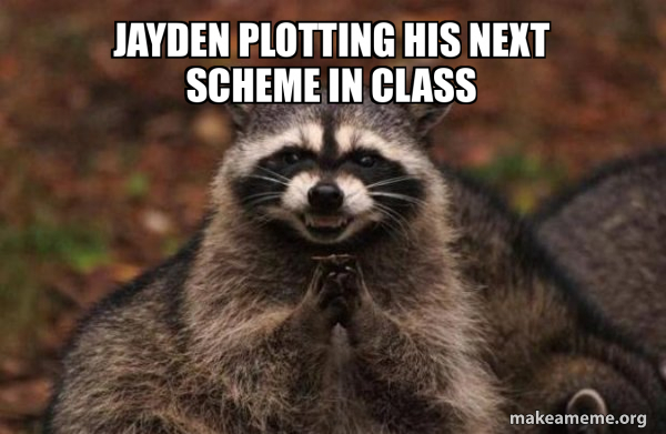 Jayden plotting his next scheme in class - Evil Plotting Raccoon Meme ...