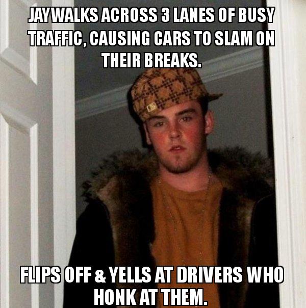 Jaywalks across 3 lanes of busy traffic, causing cars to slam on their ...