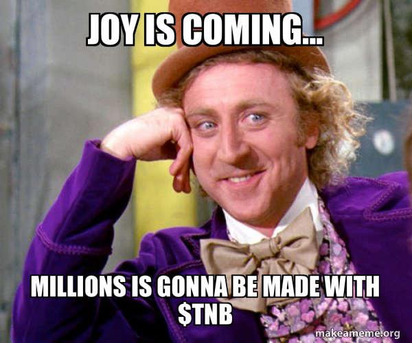 Joy is coming... Millions is gonna be made with $TNB - Willy Wonka Sarcasm Meme Meme Generator