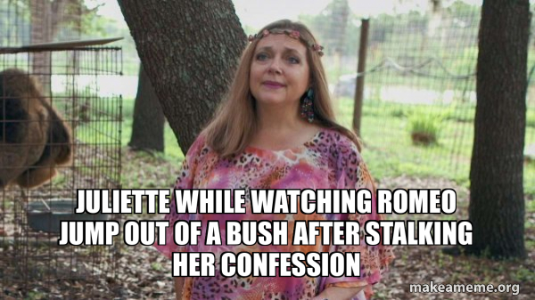 Juliette while watching Romeo jump out of a bush after stalking her ...