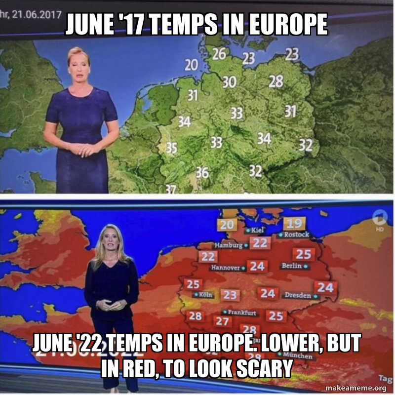June '17 Temps in Europe June '22 Temps in Europe. Lower, but in red ...