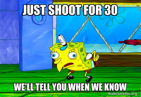 Just shoot for 30 We'll tell you when we know - Mocking SpongeBob Meme ...