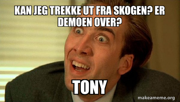 kan jeg trekke ut fra skogen? Er demoen over? Tony - Sarcastic Nicholas ...