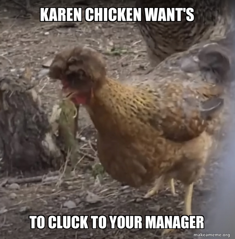KAREN CHICKEN WANT'S TO CLUCK TO YOUR MANAGER Meme Generator