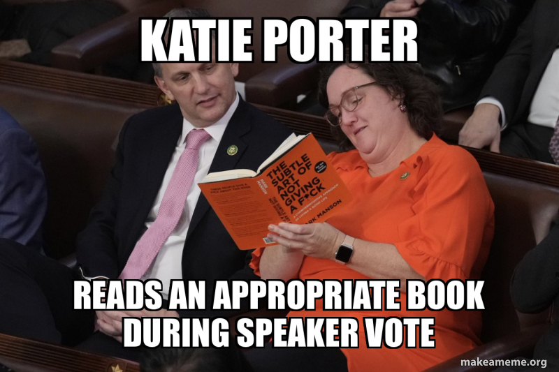 katie porter reads an appropriate book during Speaker vote Meme Generator