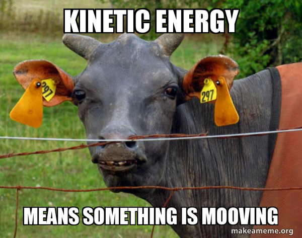 Kinetic Energy means something is mooving - Hairless Cow Meme Generator